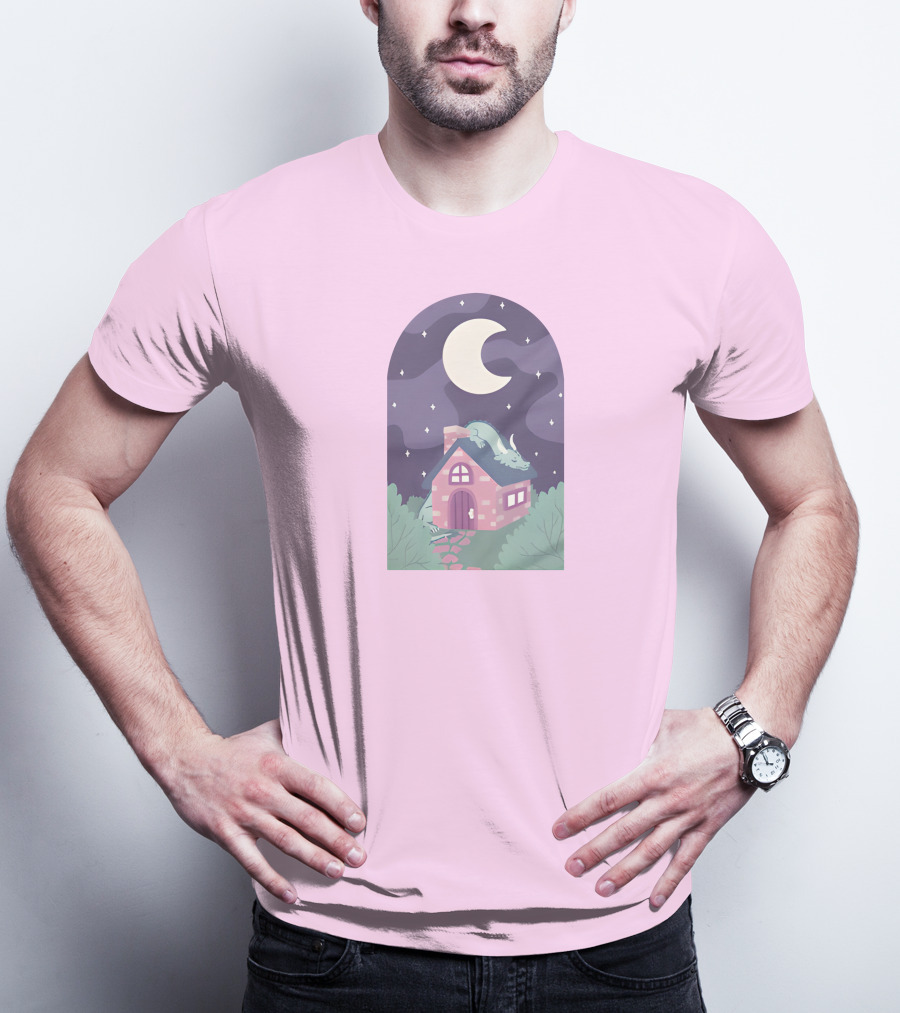 Sleepy Draginn Under Night Sky Crescent Moon Pastel Cottage T-Shirt