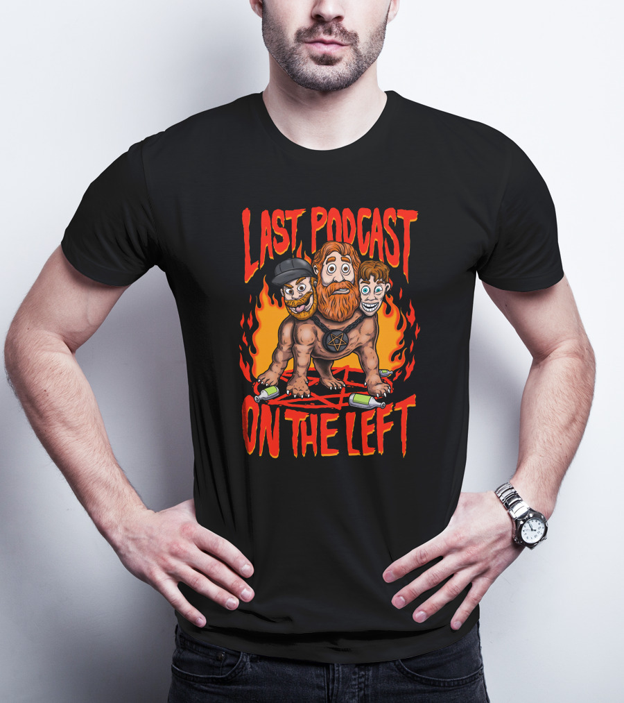 Last Podcast On The Left Hellhound Fire Pentagram Three-Headed Cartoon T-Shirt