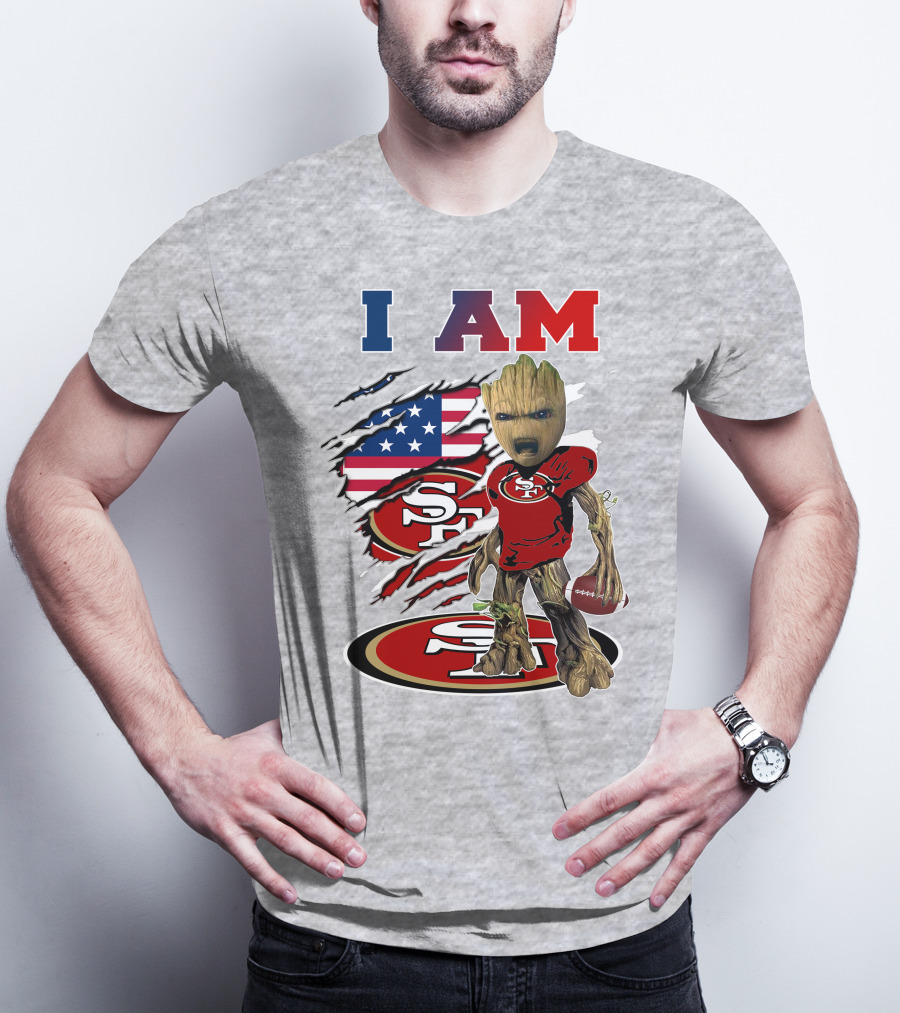 I Am 49ers Baby Groot Football Usa Flag Swoosh T-Shirt