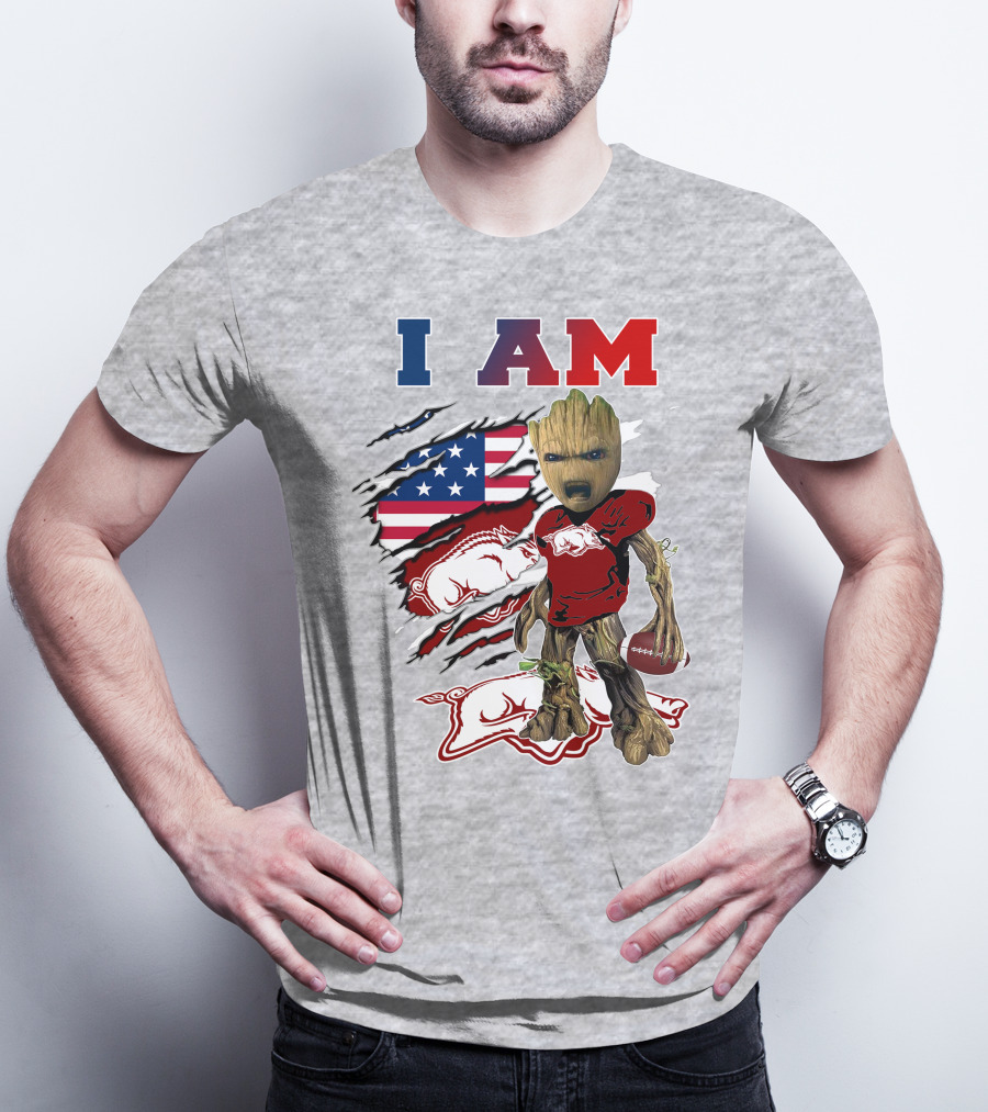 I Am Baby Groot Arkansas Razorbacks Football Usa Flag T-Shirt