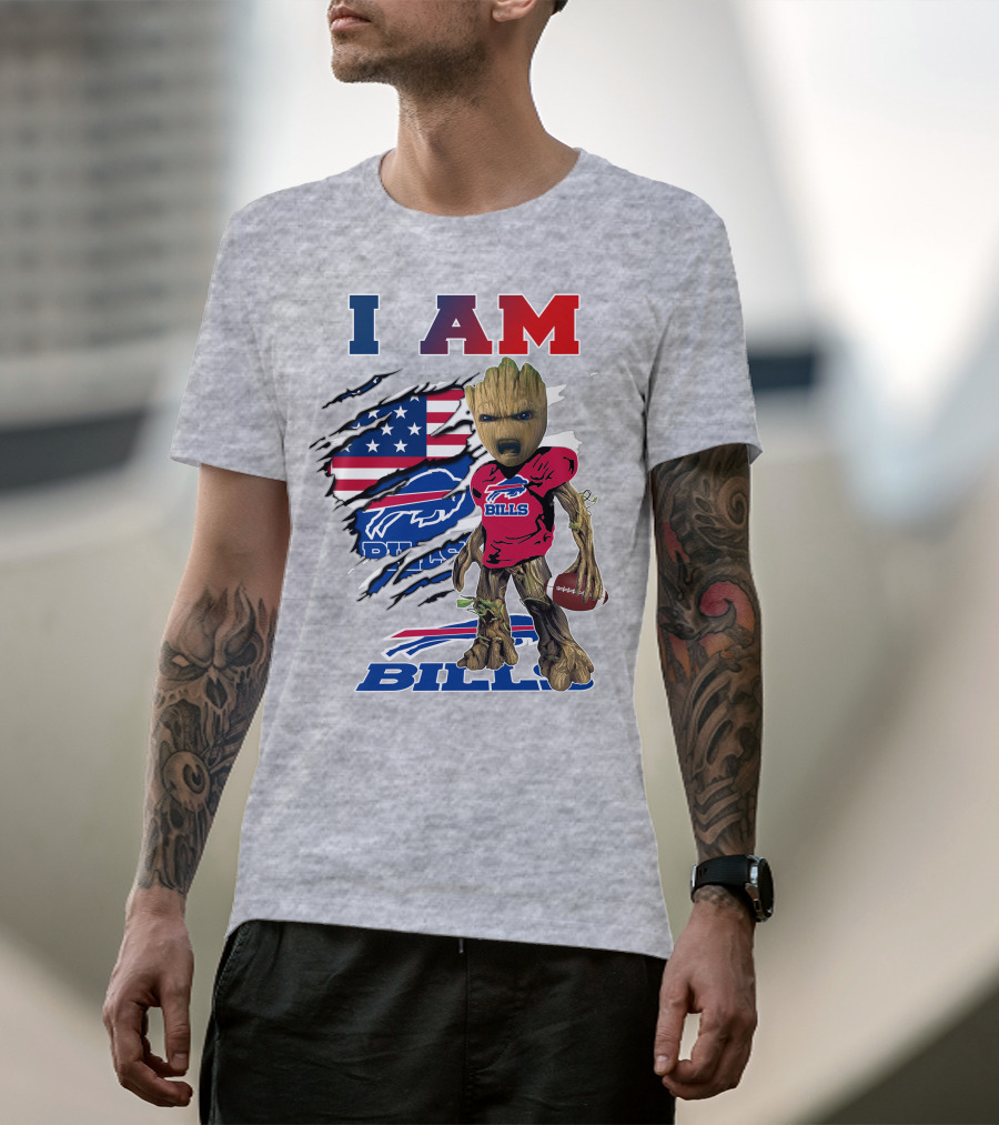 I Am Bills Baby Groot Football Fan With American Flag And Team T-Shirt