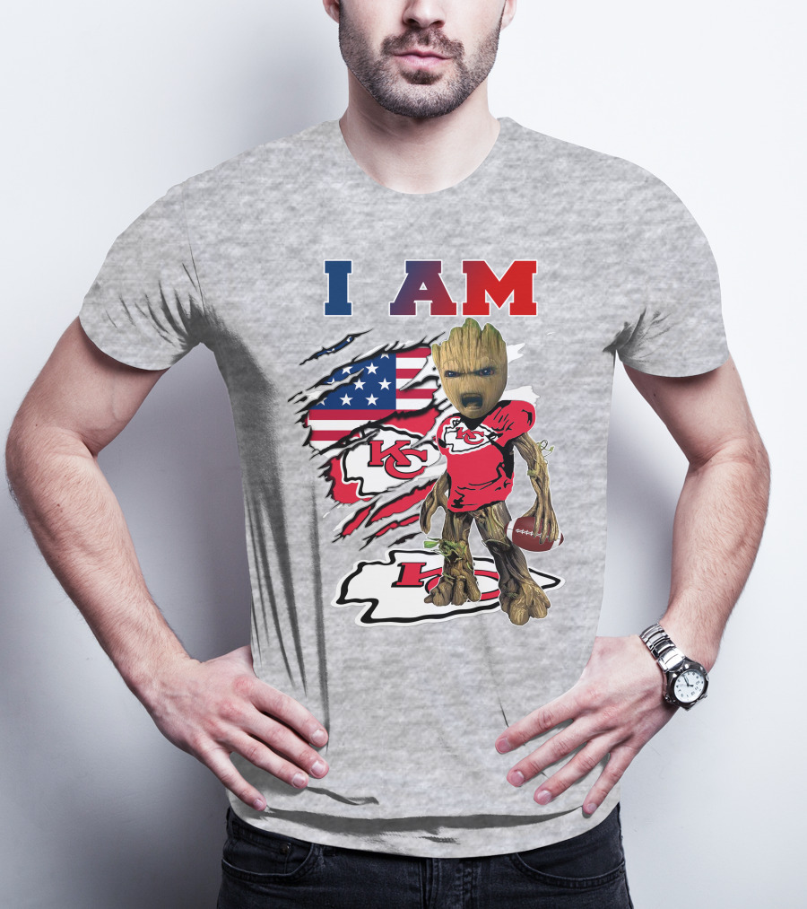 I Am Kc Chiefs Baby Groot Football Usa Flag T-Shirt