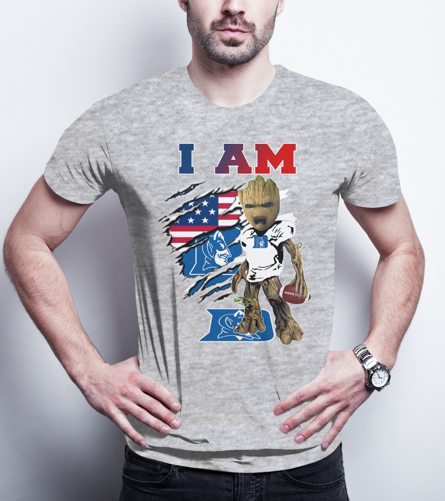 I AM Duke Baby Groot With American Football And Flag Background T-Shirt