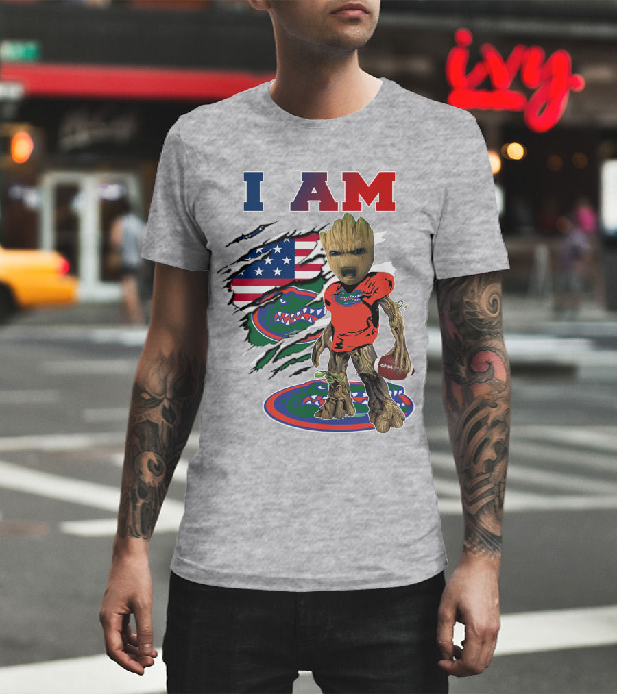 I Am Gators Baby Groot Football American Flag T-Shirt