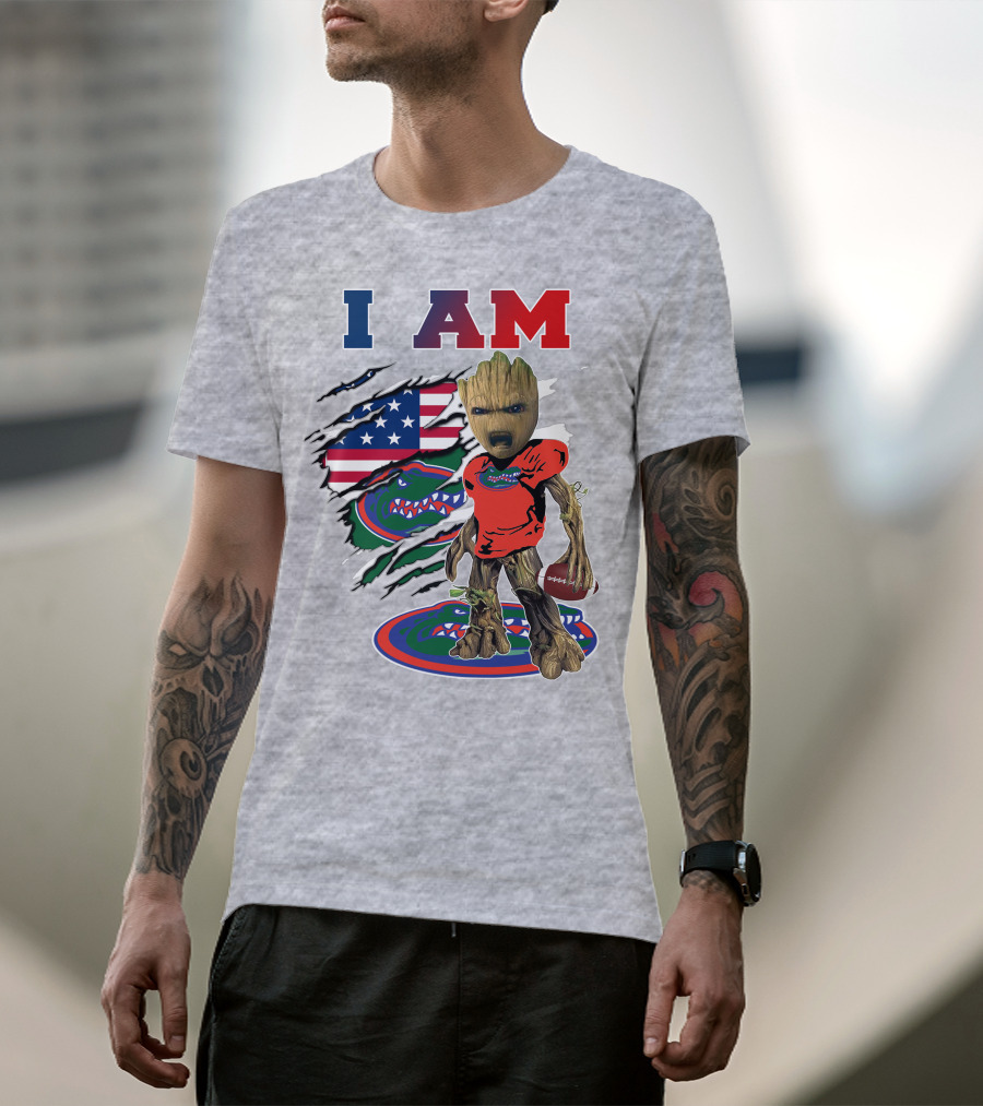 I Am Gators Baby Groot Football American Flag T-Shirt