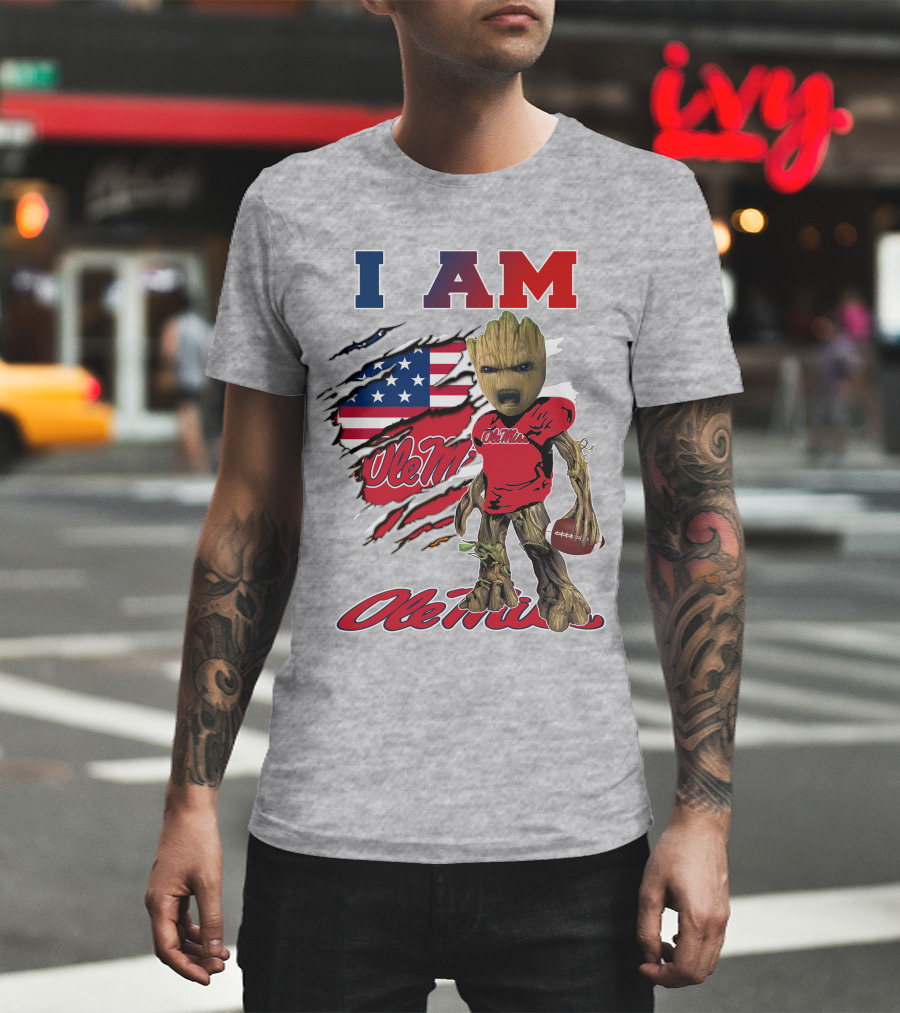 I Am Ole Miss Baby Groot Usa Flag Football T-Shirt