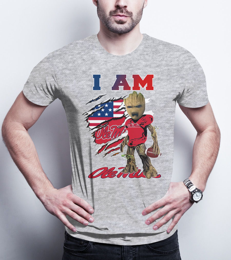 I Am Ole Miss Baby Groot Usa Flag Football T-Shirt