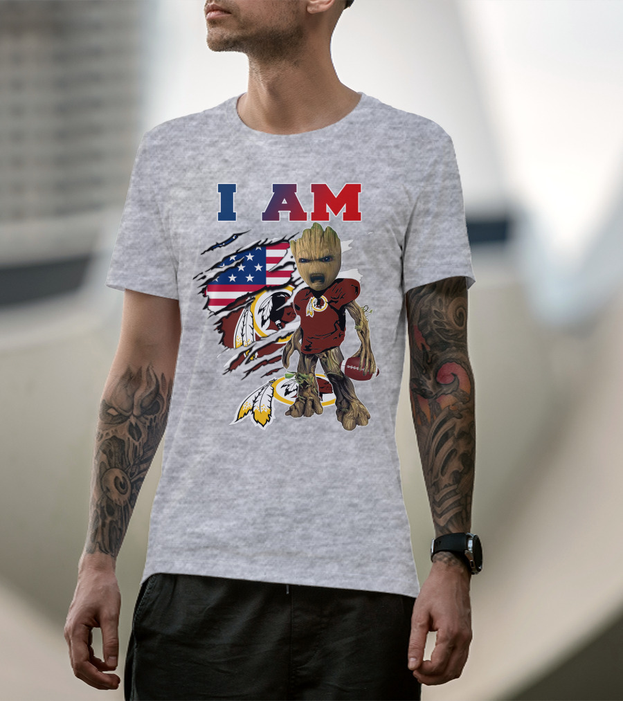 I AM Redskin Baby Groot Football USA Flag T-Shirt