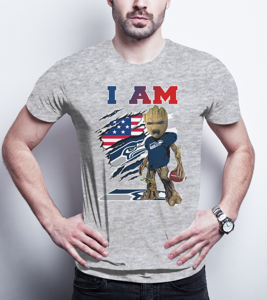 I Am Seahawks Baby Groot Football Patriots Flag T-Shirt