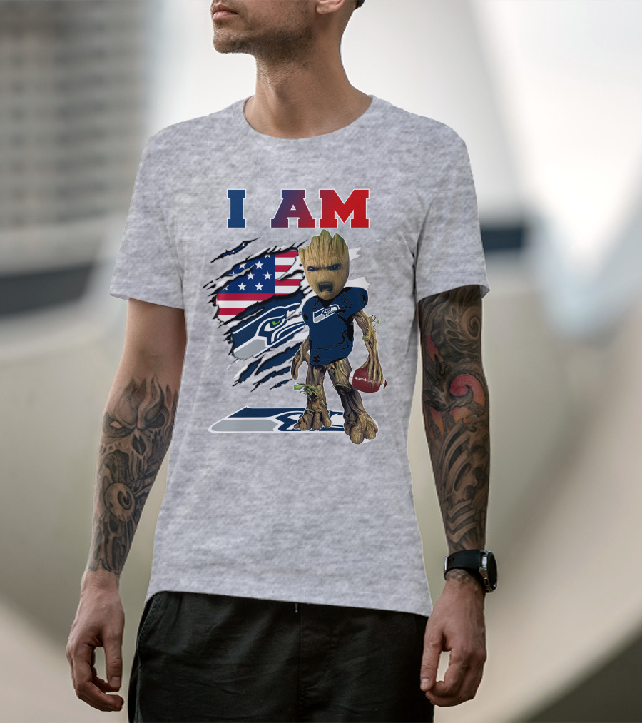 I AM Seahawks Baby Groot Football American Flag T-Shirt