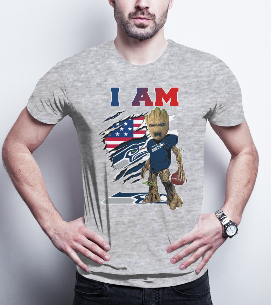I AM Seahawks Baby Groot Football American Flag T-Shirt