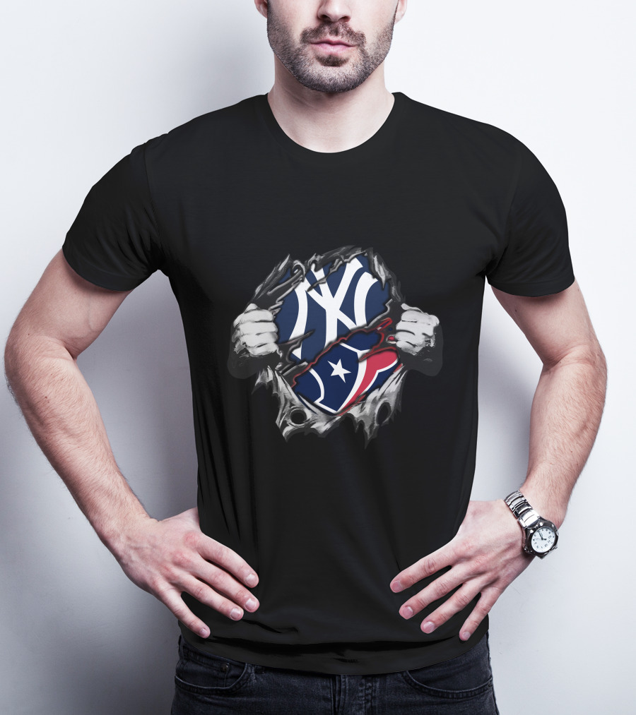 Texans Yankees Logo Fusion With Torn Effect T-Shirt
