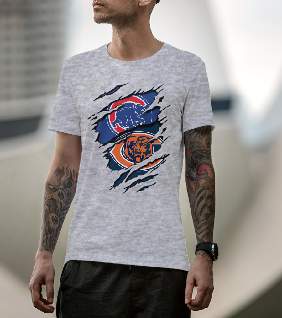 Cubs Bears Dual Logo Design Ripped Tear Combination T-Shirt