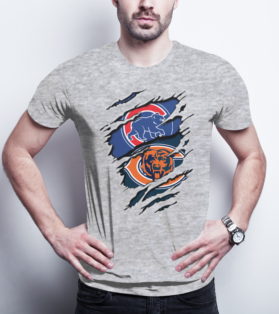 Cubs Bears Dual Logo Design Ripped Tear Combination T-Shirt