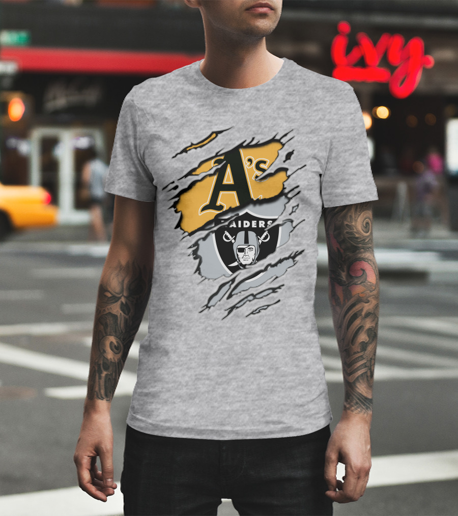 Oakland Athletics Raiders Dual Logo Torn Effect T-Shirt