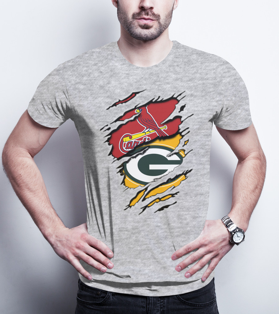 Cardinals Packers Logos Rip Torn Effect T-Shirt
