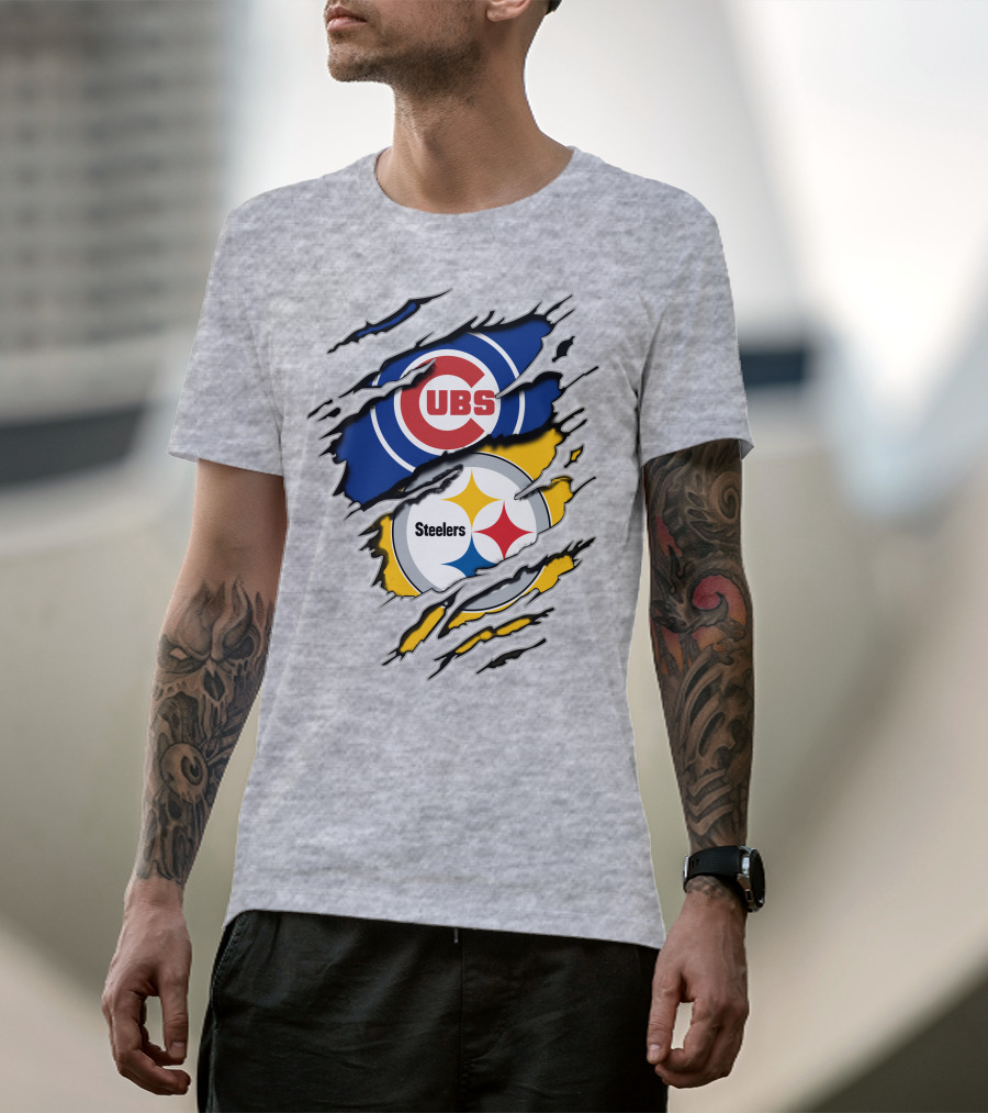 Steelers Cubs Logos With Torn Fabric T-Shirt