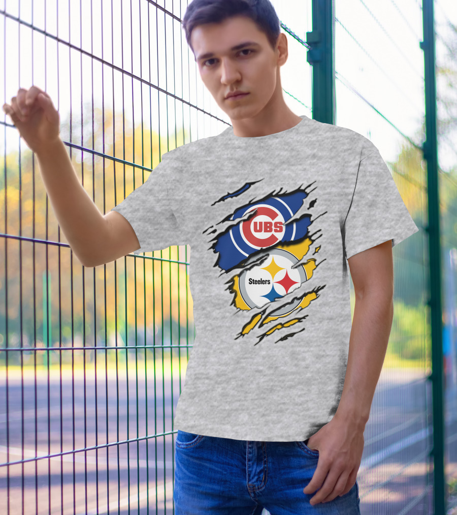 Steelers Cubs Logos With Torn Fabric T-Shirt