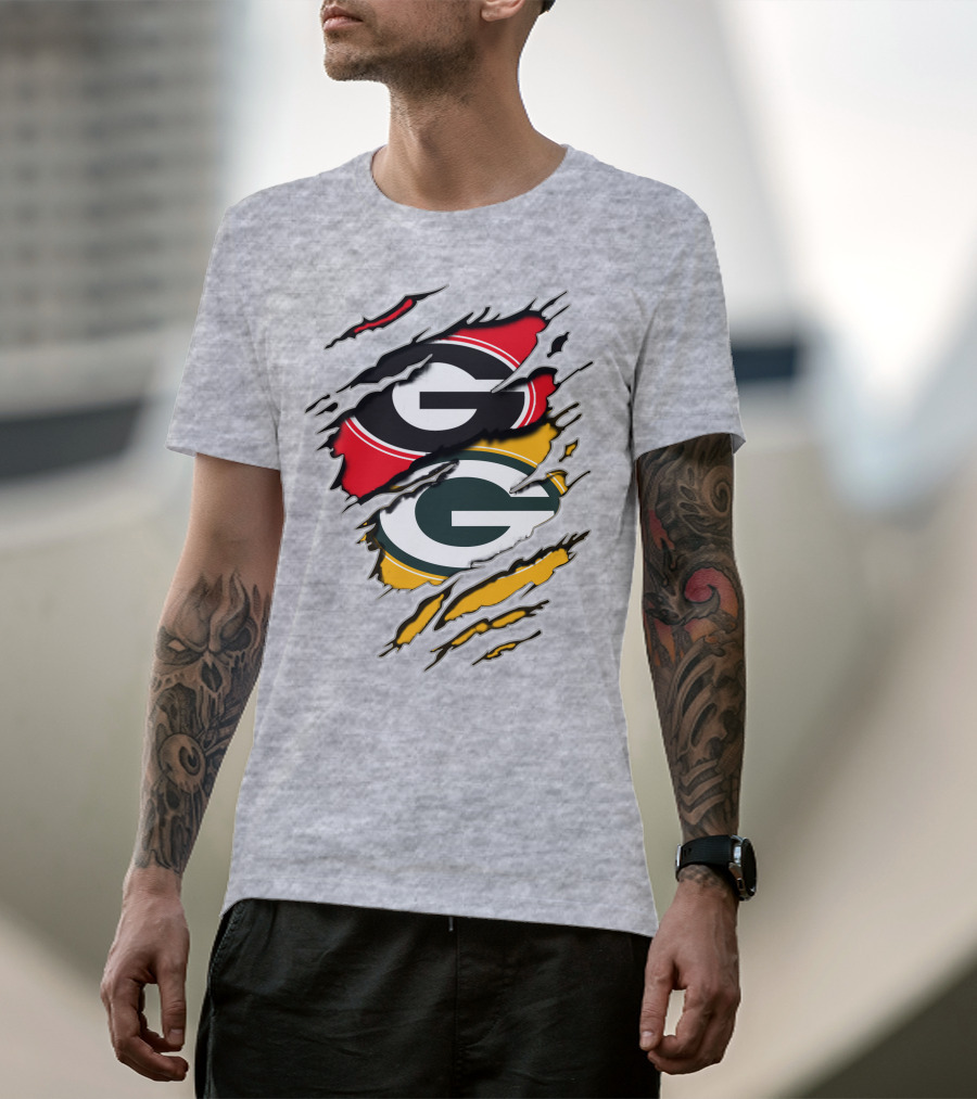 Green Bay Packers Georgia Bulldogs Dual Logo Rip Claw Marks T-Shirt