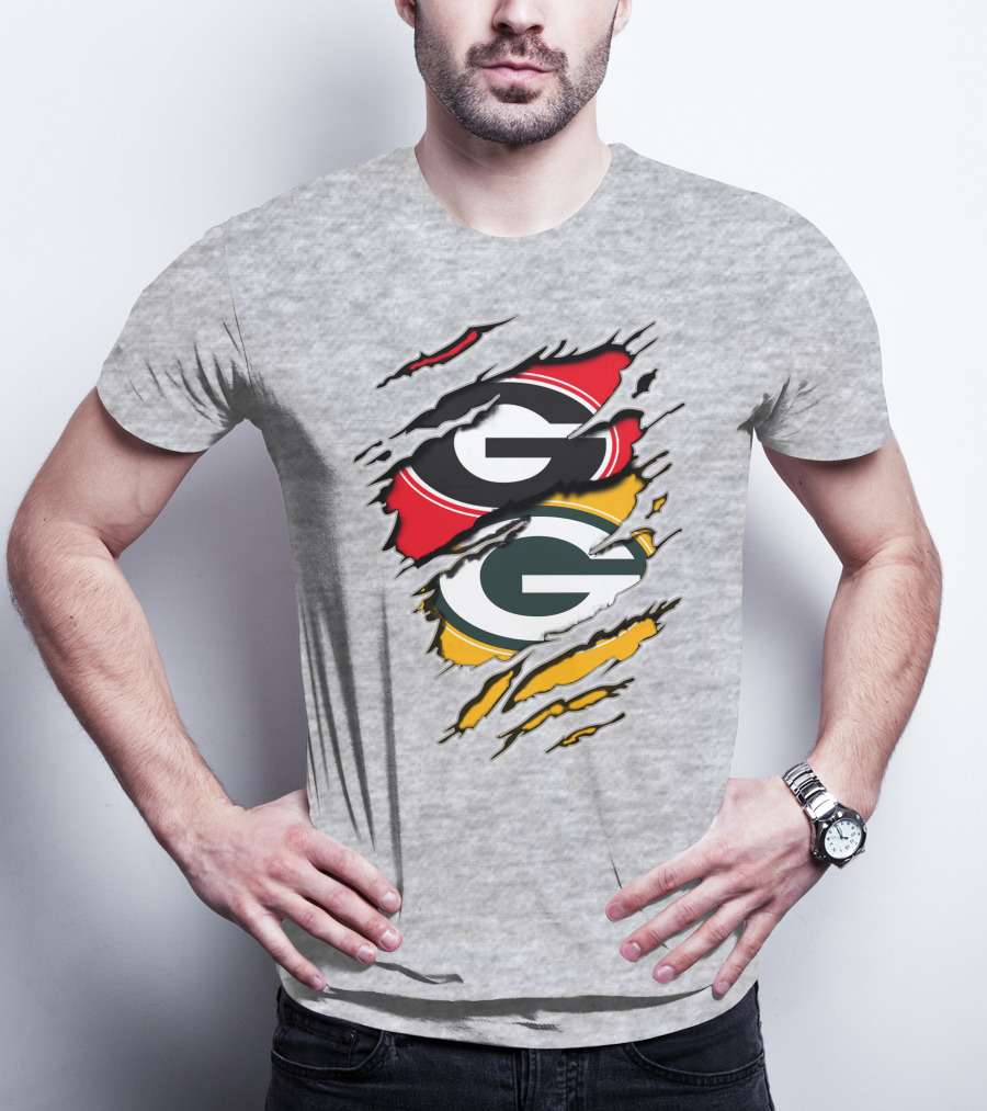 Green Bay Packers Georgia Bulldogs Dual Logo Rip Claw Marks T-Shirt