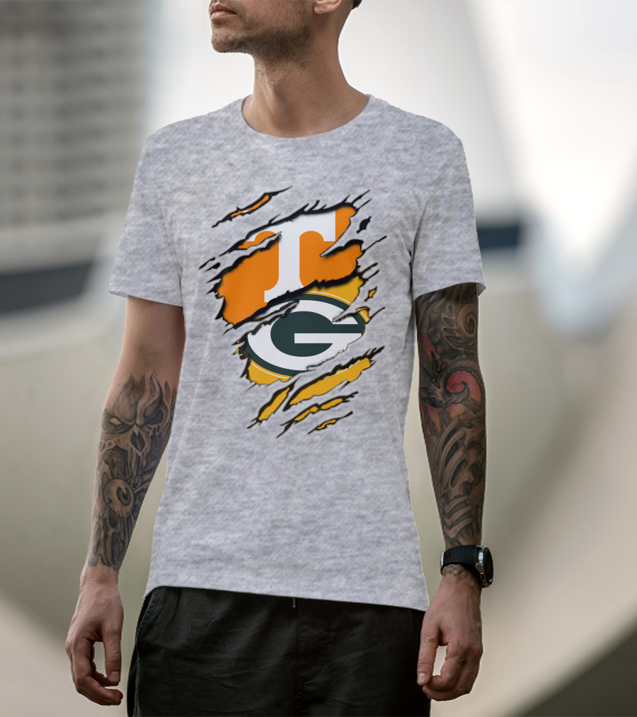 Tennessee Vols And Green Bay Packers Torn Logo Fusion T-Shirt
