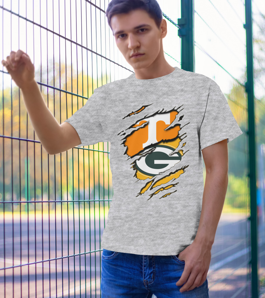Tennessee Vols And Green Bay Packers Torn Logo Fusion T-Shirt