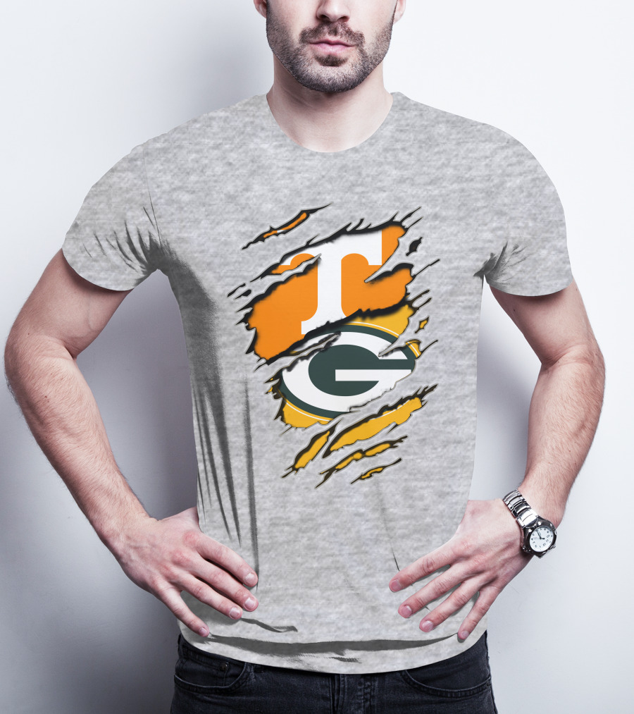 Tennessee Vols And Green Bay Packers Torn Logo Fusion T-Shirt