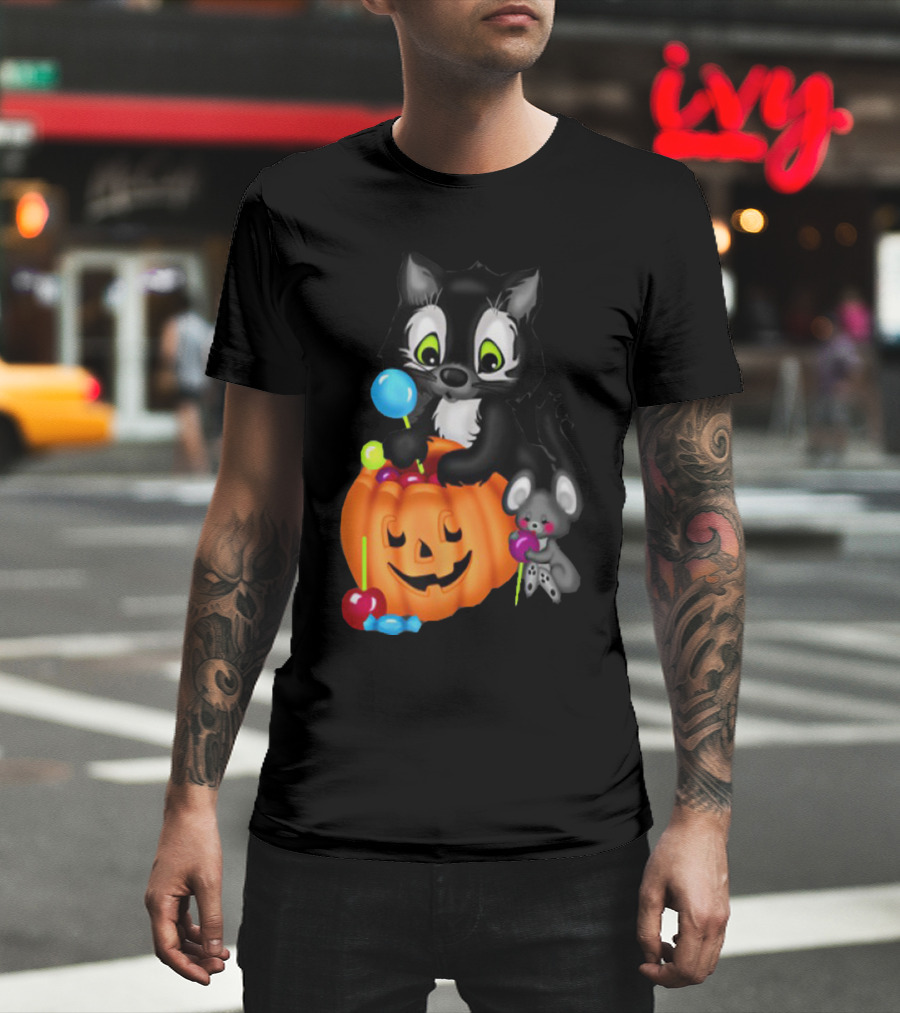 Halowen Cute Cat And Mouse With Candy And Pumpkin T-Shirt
