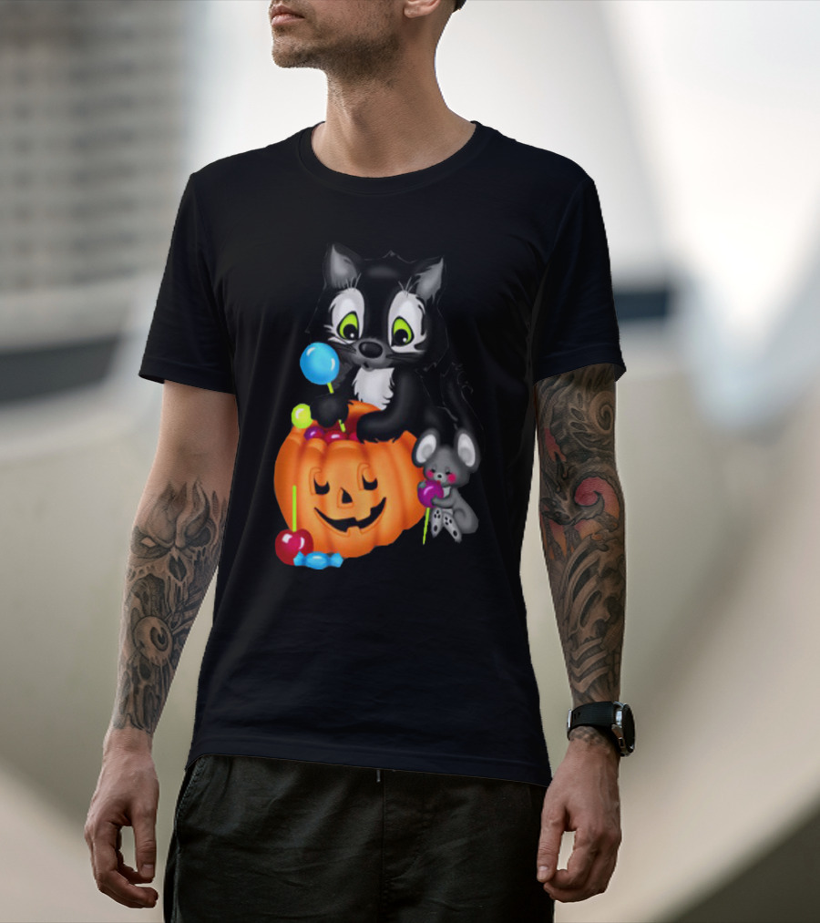 Halowen Cute Cat And Mouse With Candy And Pumpkin T-Shirt