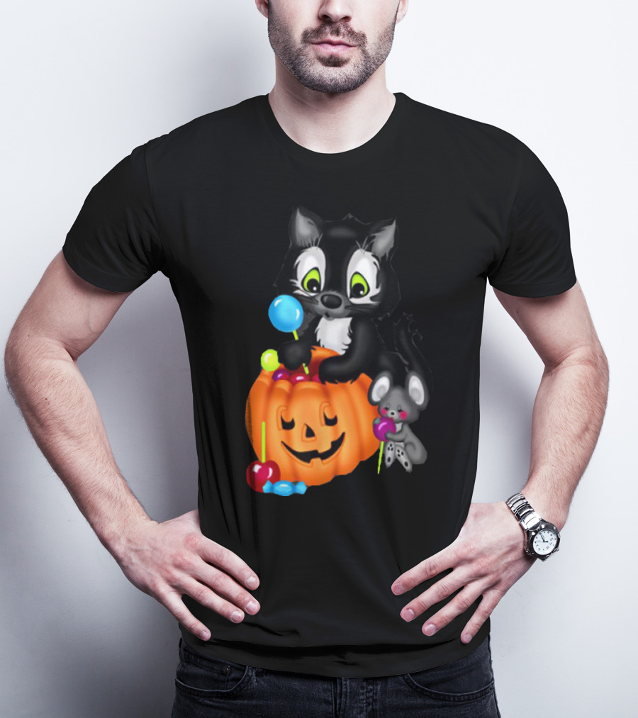 Halowen Cute Cat And Mouse With Candy And Pumpkin T-Shirt