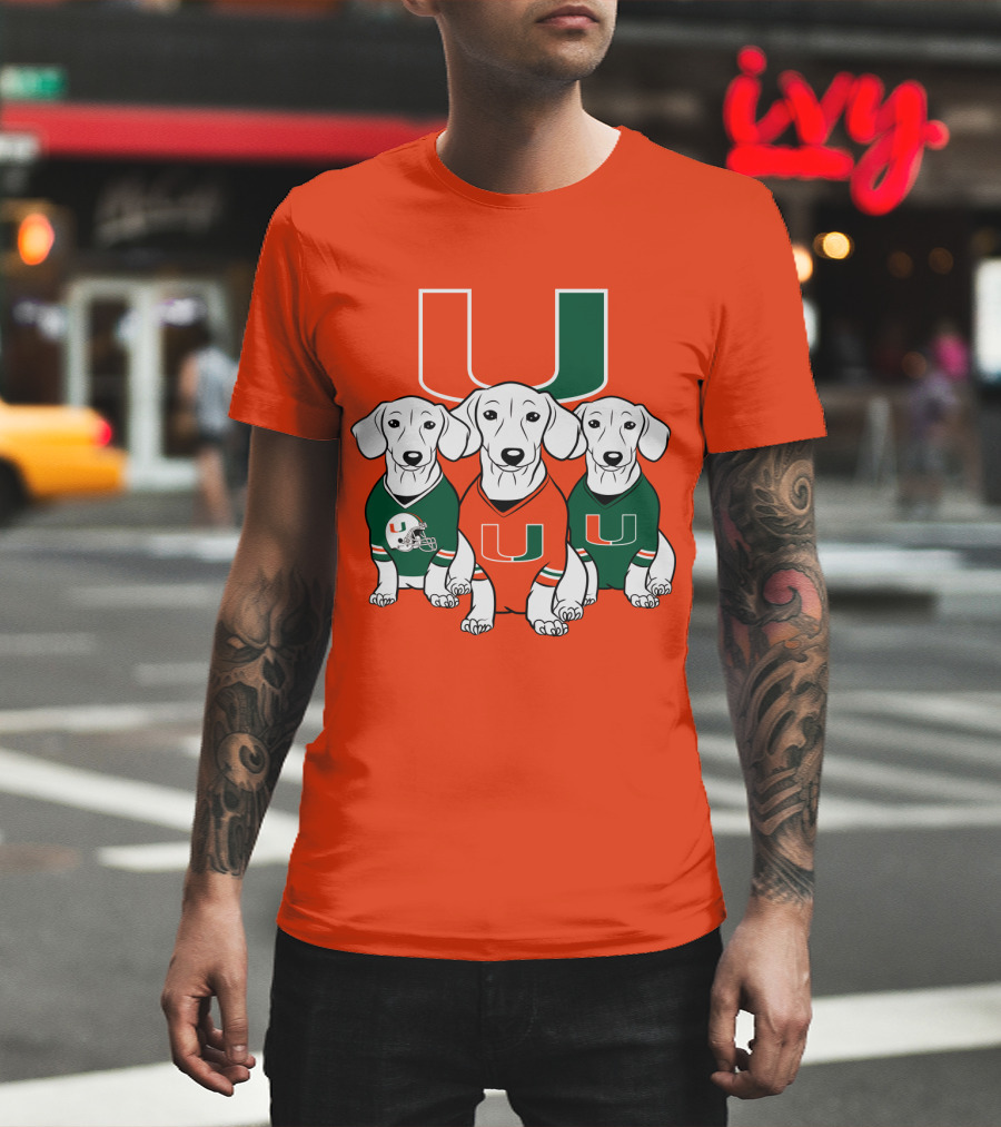Miami Hurricanes U Logo With Dogs In Team Jerseys T-Shirt