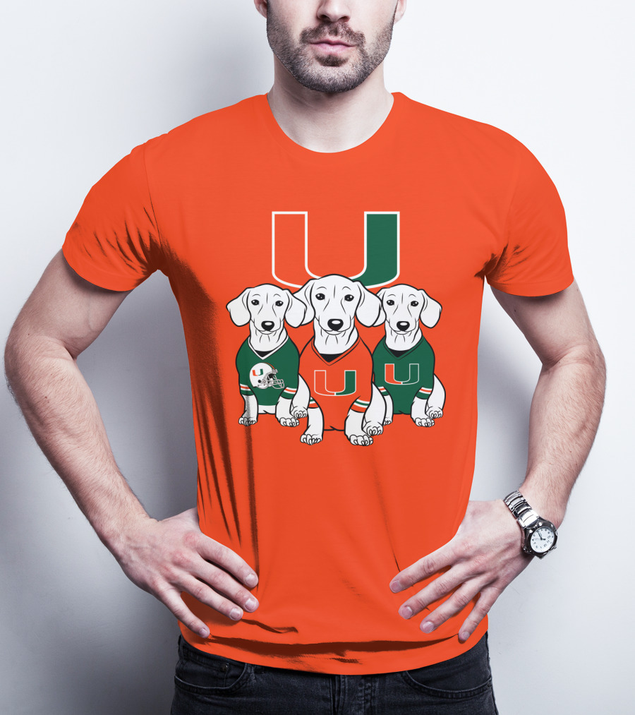 Miami Hurricanes U Logo With Dogs In Team Jerseys T-Shirt