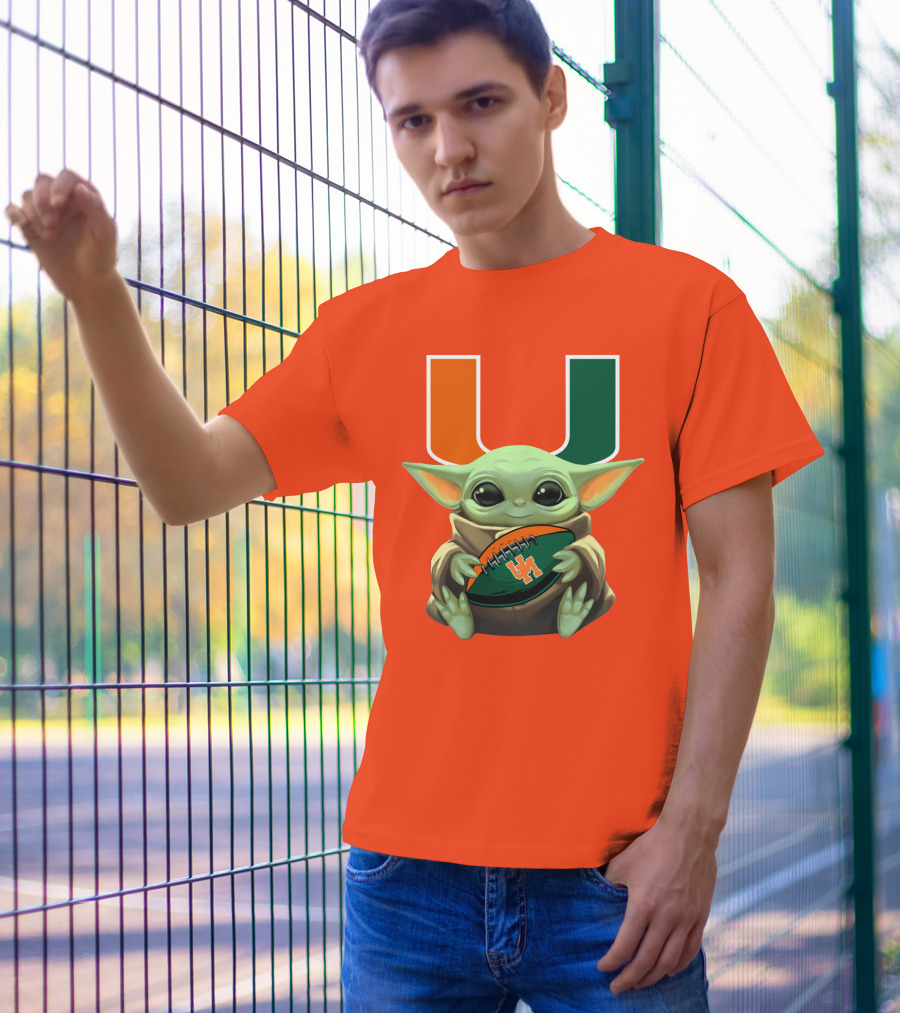 Baby Yoda Miami Hurricanes Football Fan T-Shirt