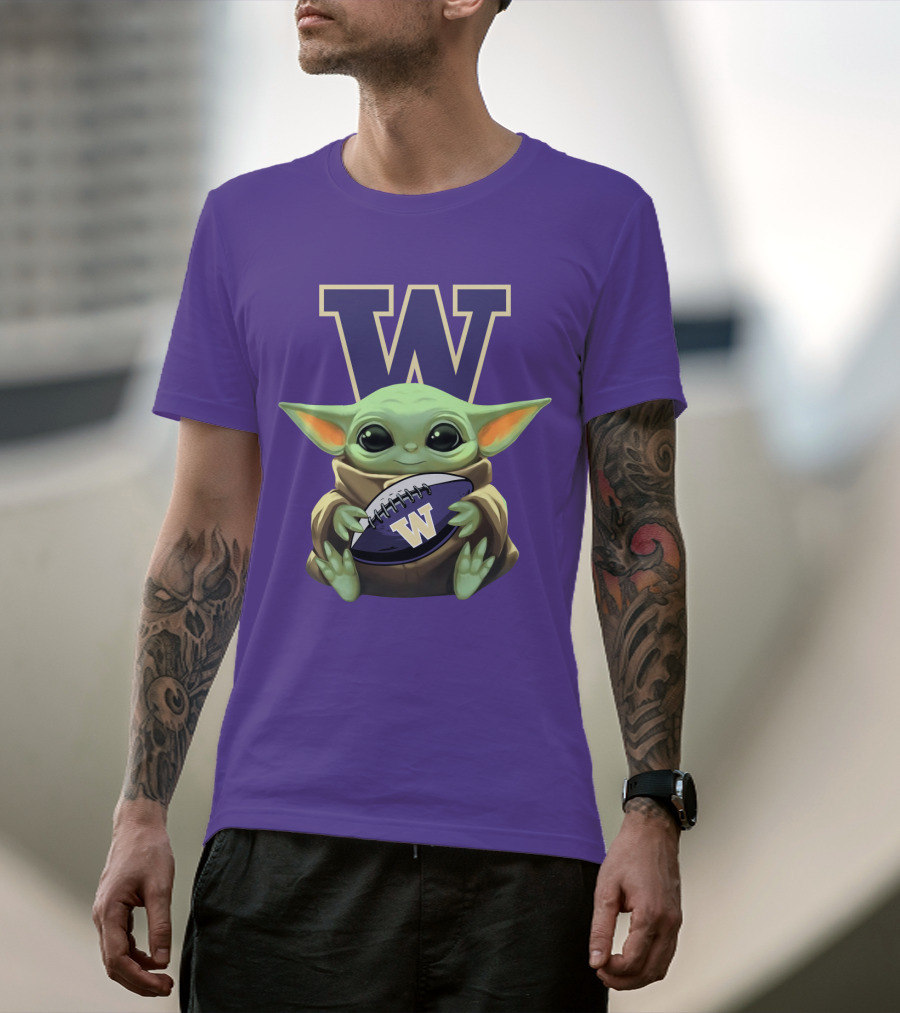 Baby Yoda Holding Washington Huskies Football W T-Shirt