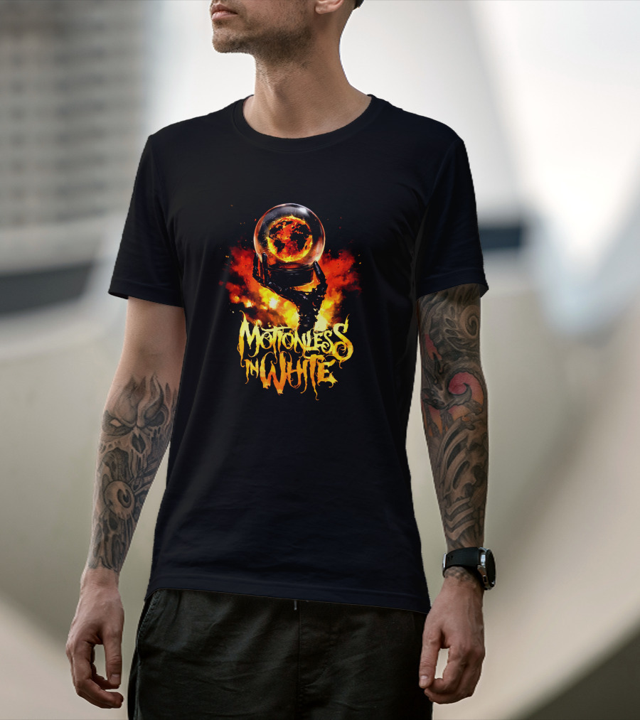 Motionless In White Fiery Hand Holding Globe T-Shirt