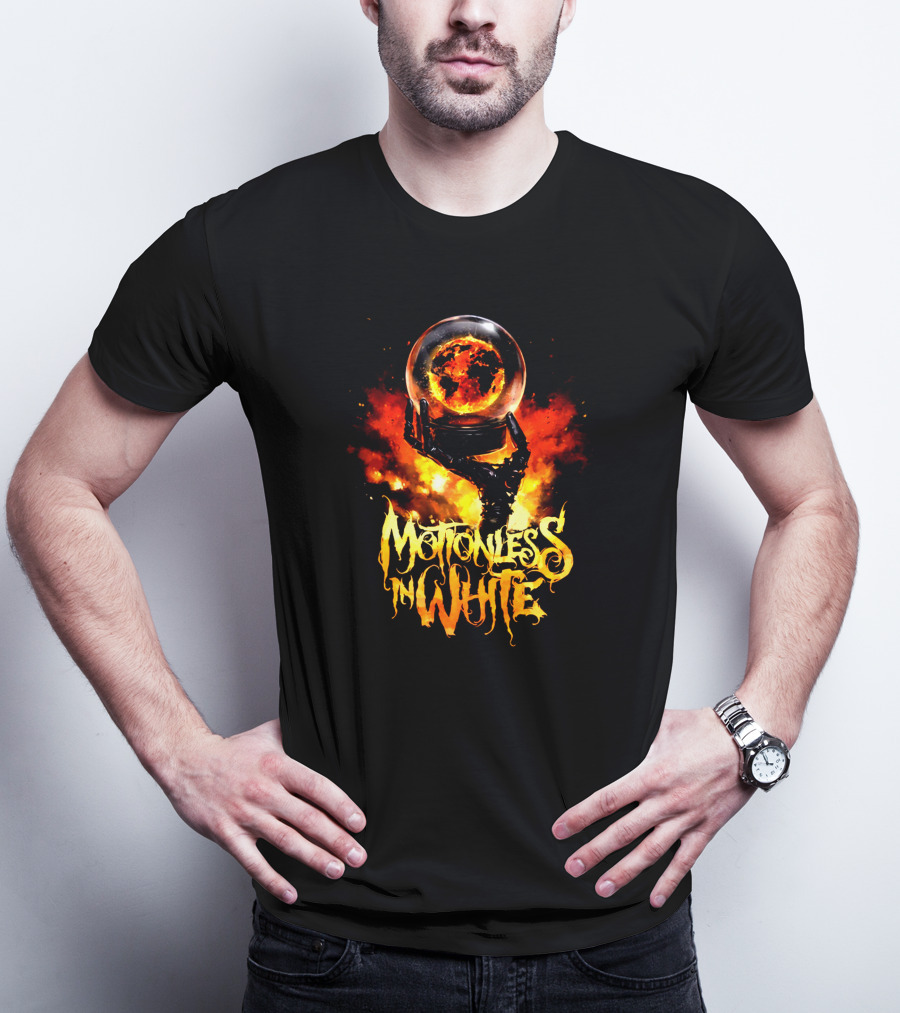 Motionless In White Fiery Hand Holding Globe T-Shirt