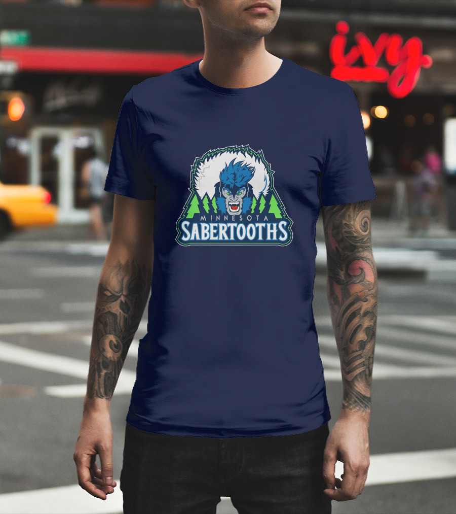Minnesota Sabertooths NBA Logo With Blue Sabertooth And Green Pine Trees T-Shirt