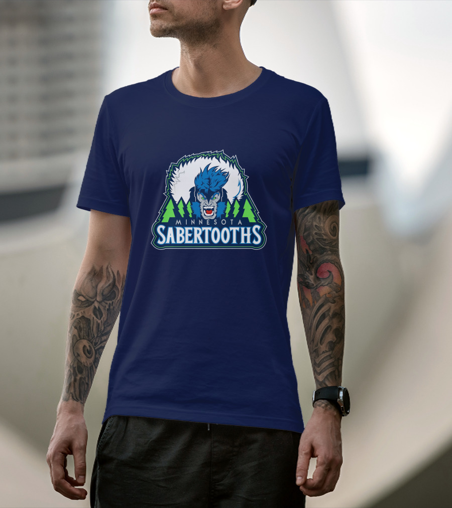 Minnesota Sabertooths NBA Logo With Blue Sabertooth And Green Pine Trees T-Shirt
