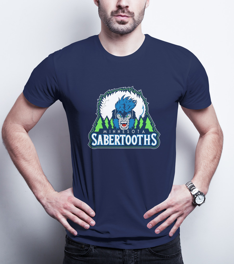 Minnesota Sabertooths NBA Logo With Blue Sabertooth And Green Pine Trees T-Shirt