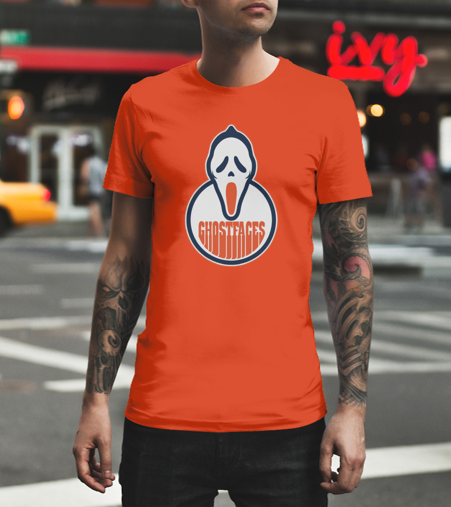 Edmonton Ghostfaces NHL Scream Parody Logo Orange Background T-Shirt
