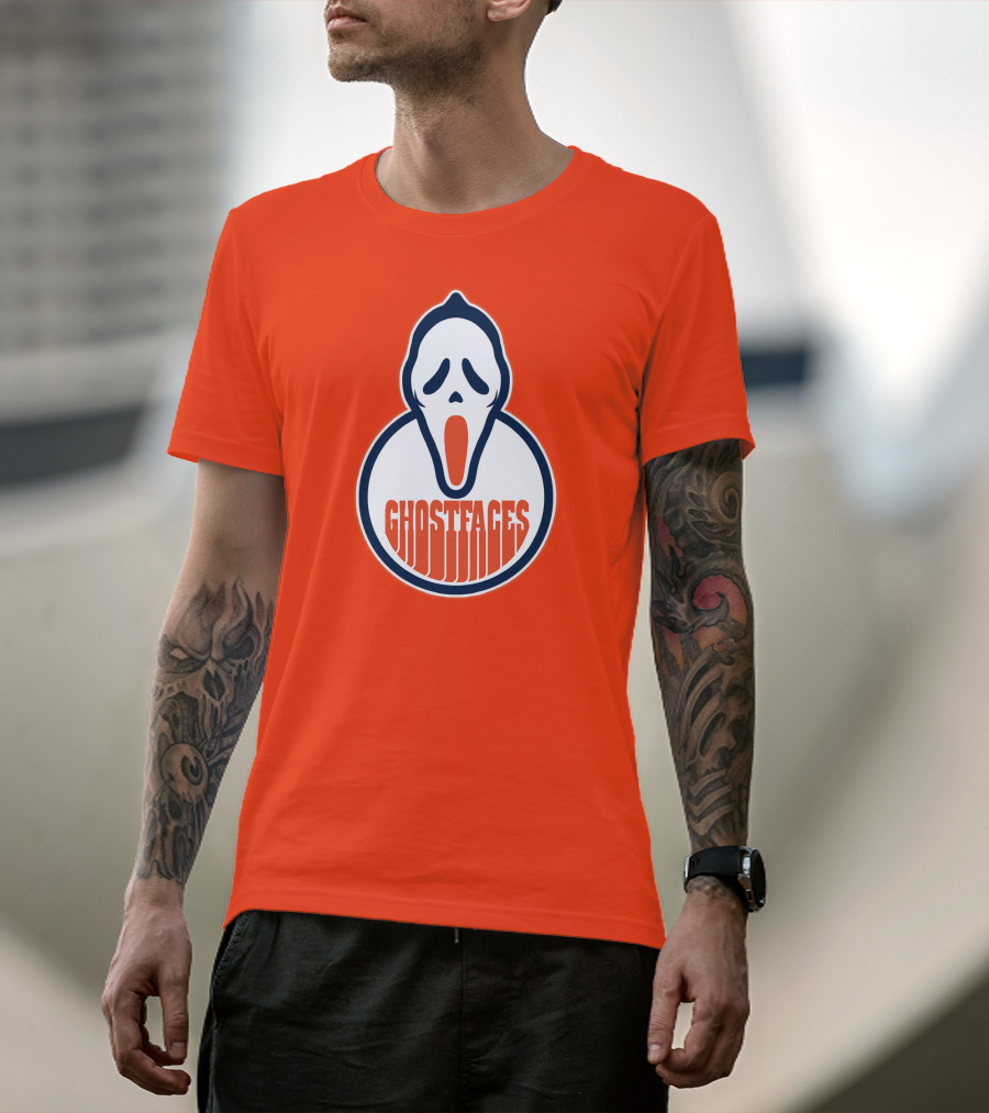 Edmonton Ghostfaces NHL Scream Parody Logo Orange Background T-Shirt