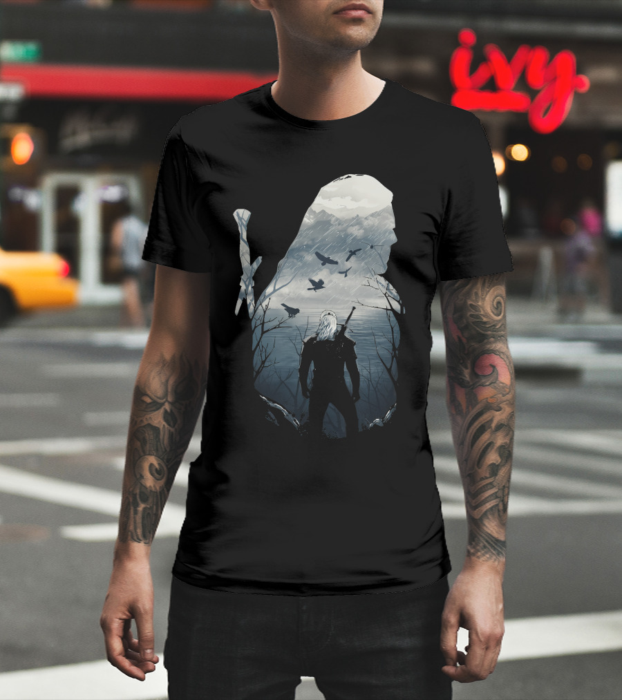 Wild Hunt Forest Geralt Silhouette With Mountains Ravens Sword T-Shirt