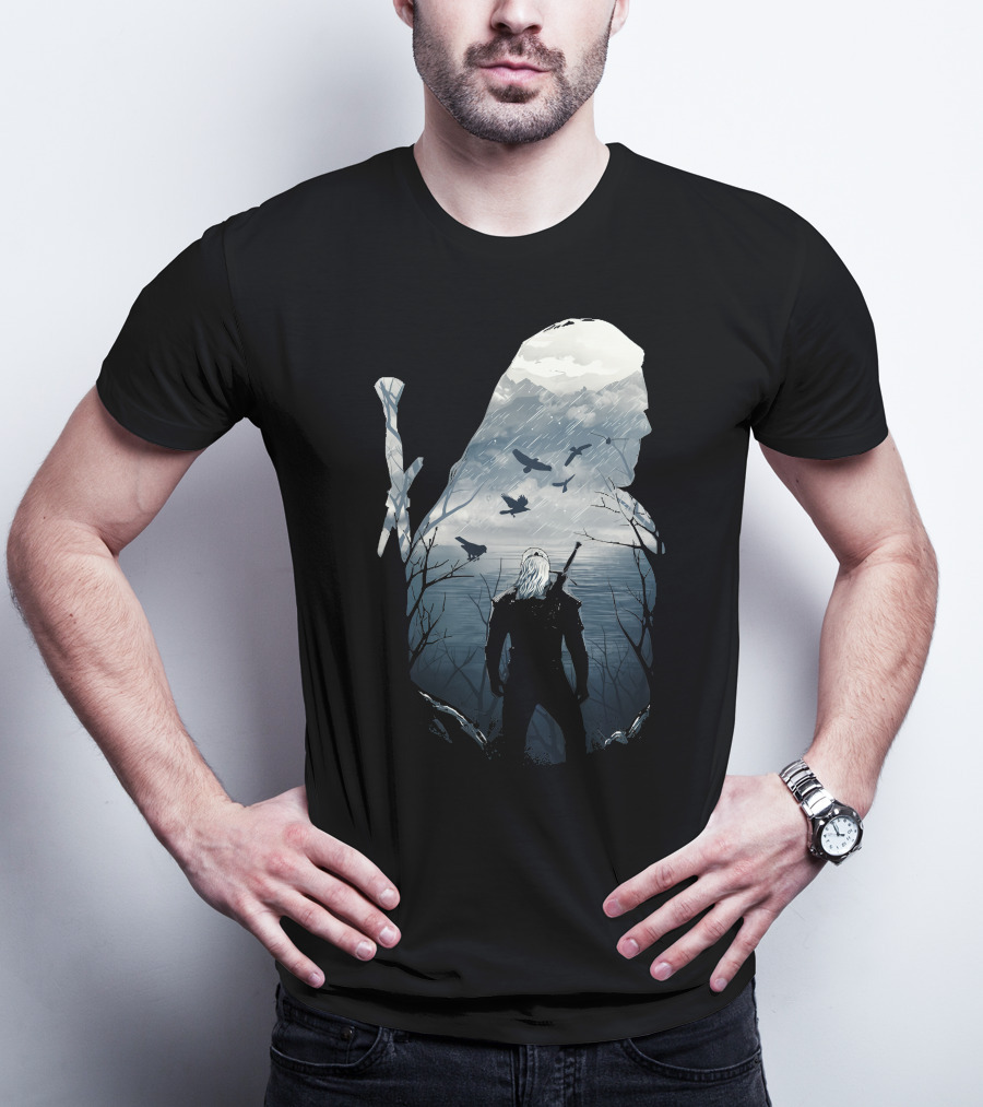 Wild Hunt Forest Geralt Silhouette With Mountains Ravens Sword T-Shirt