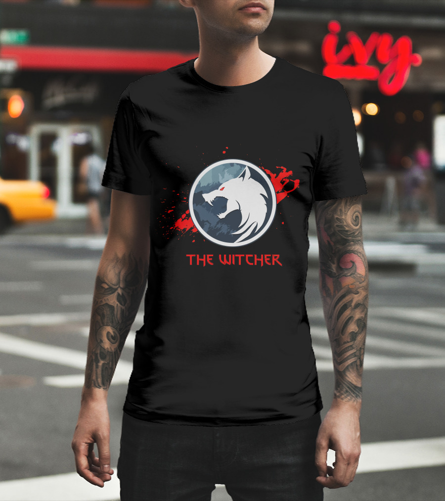 The Witcher Wolf Emblem Blood Splatter T-Shirt