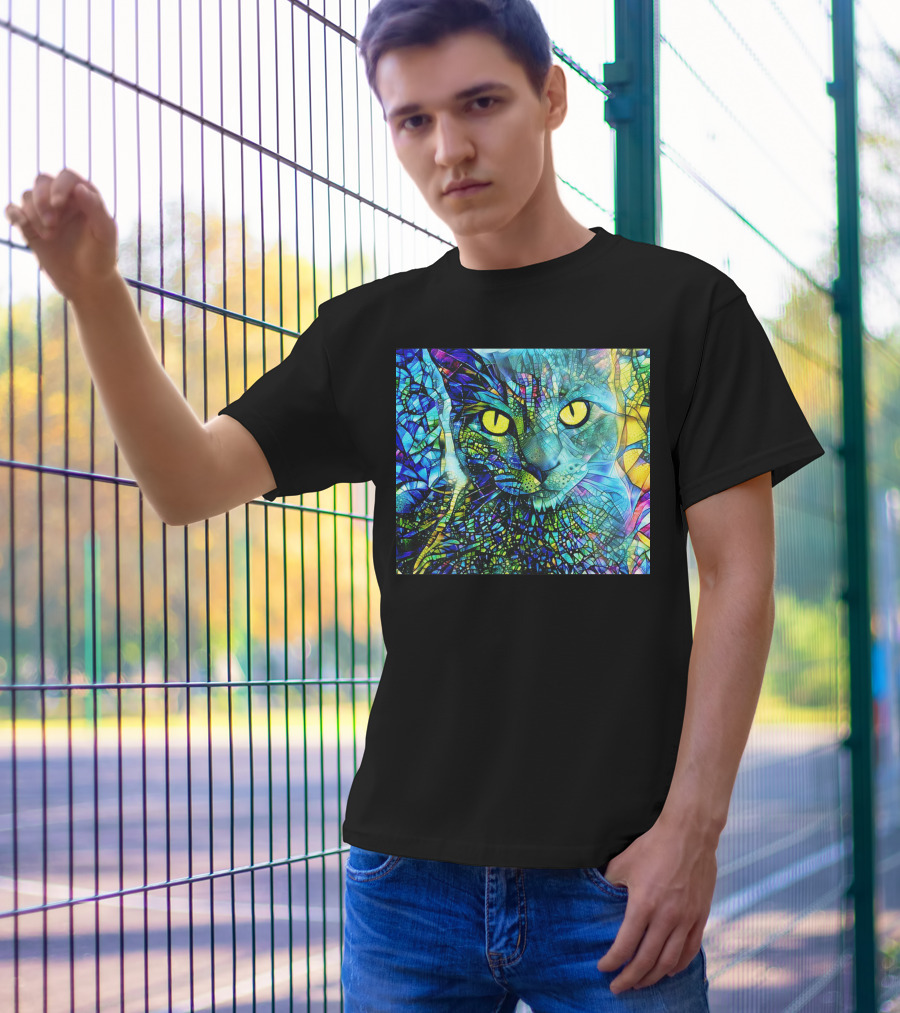 Cochfdhfdhfdh Stained Glass Mosaic Cat With Vibrant Yellow Eyes T-Shirt