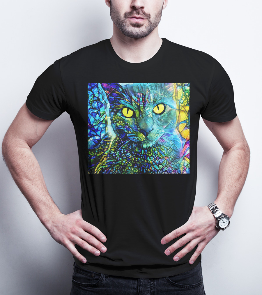 Cochfdhfdhfdh Stained Glass Mosaic Cat With Vibrant Yellow Eyes T-Shirt