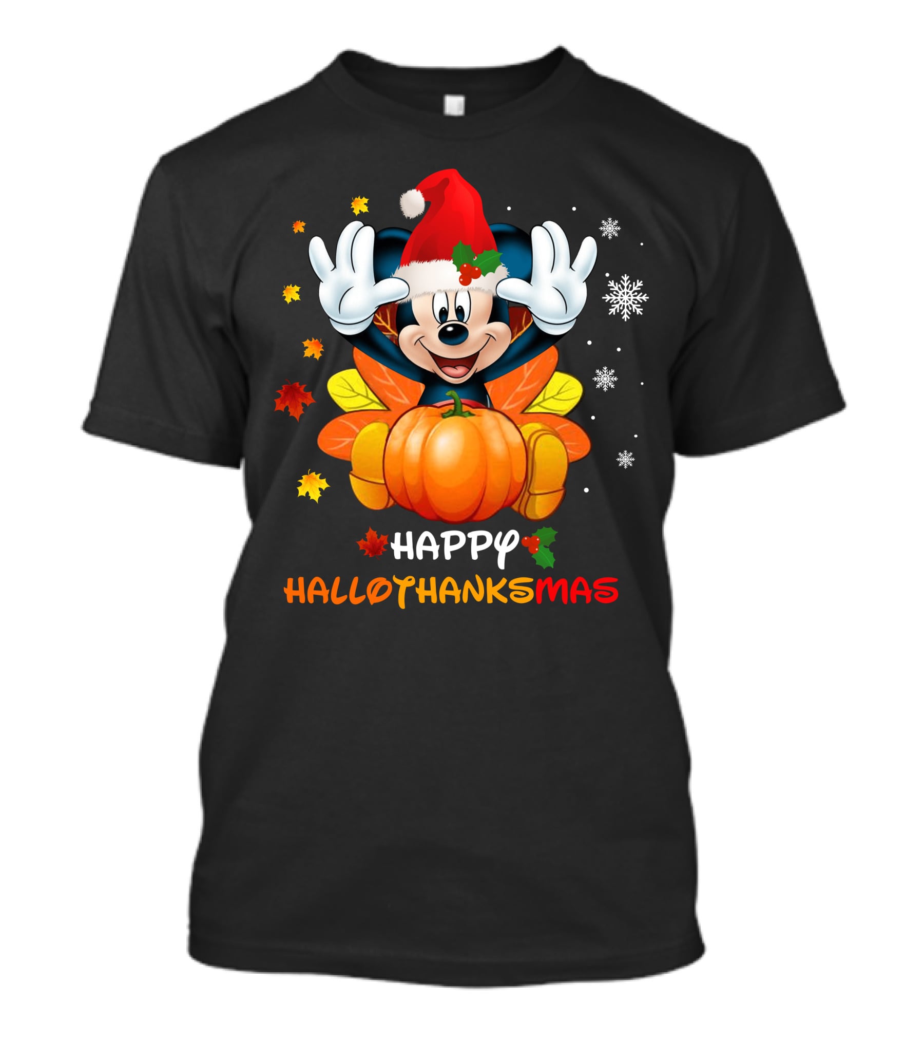 Happy HalloThanksMas Mickey Pumpkin Leaves Snowflakes Santa Hat T-Shirt