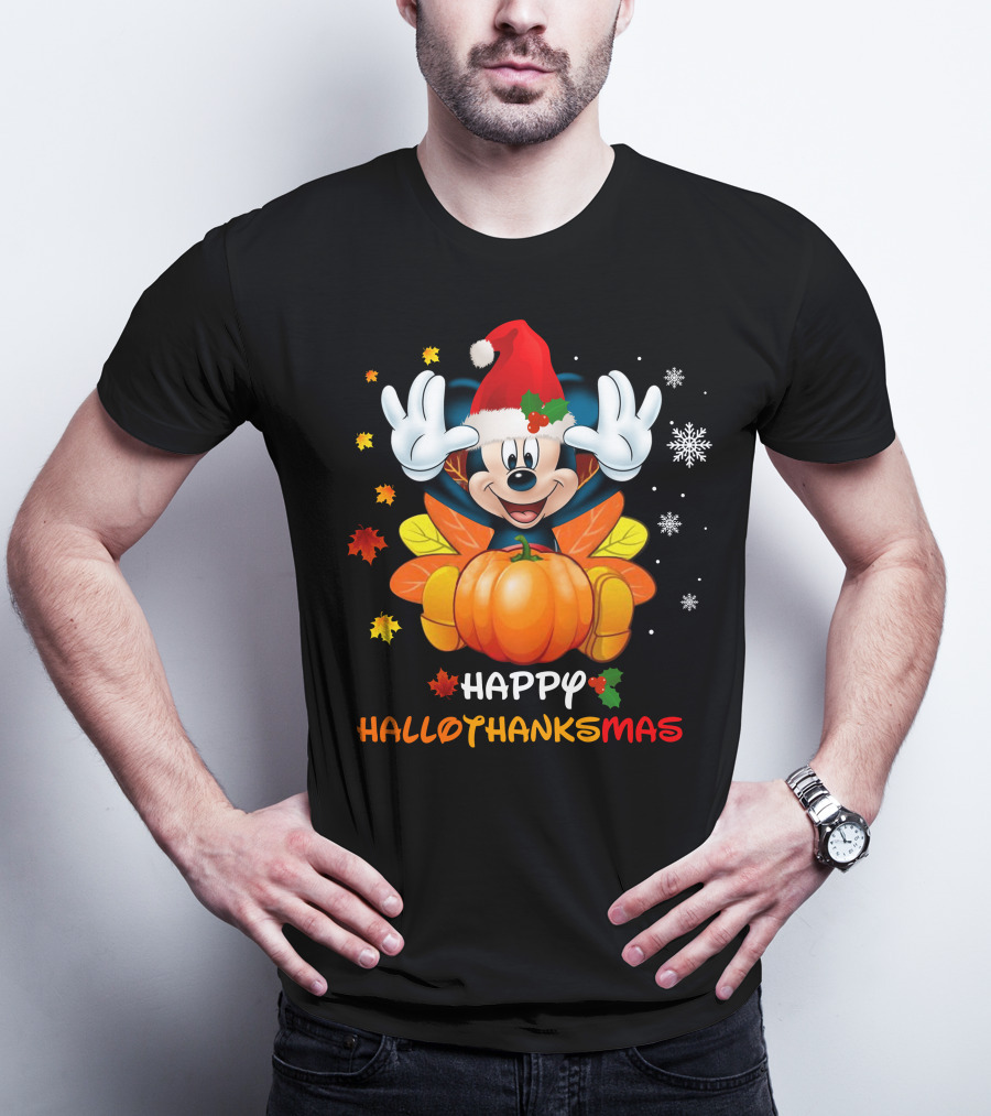 Happy HalloThanksMas Mickey Pumpkin Leaves Snowflakes Santa Hat T-Shirt