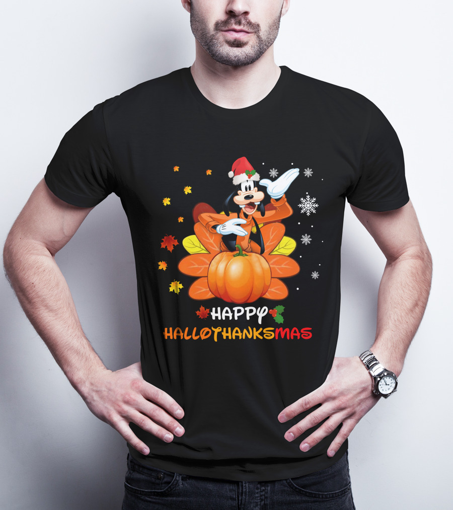 Happy Goofy HalloThanksMas Snowflakes Pumpkin Leaves Santa Hat T-Shirt
