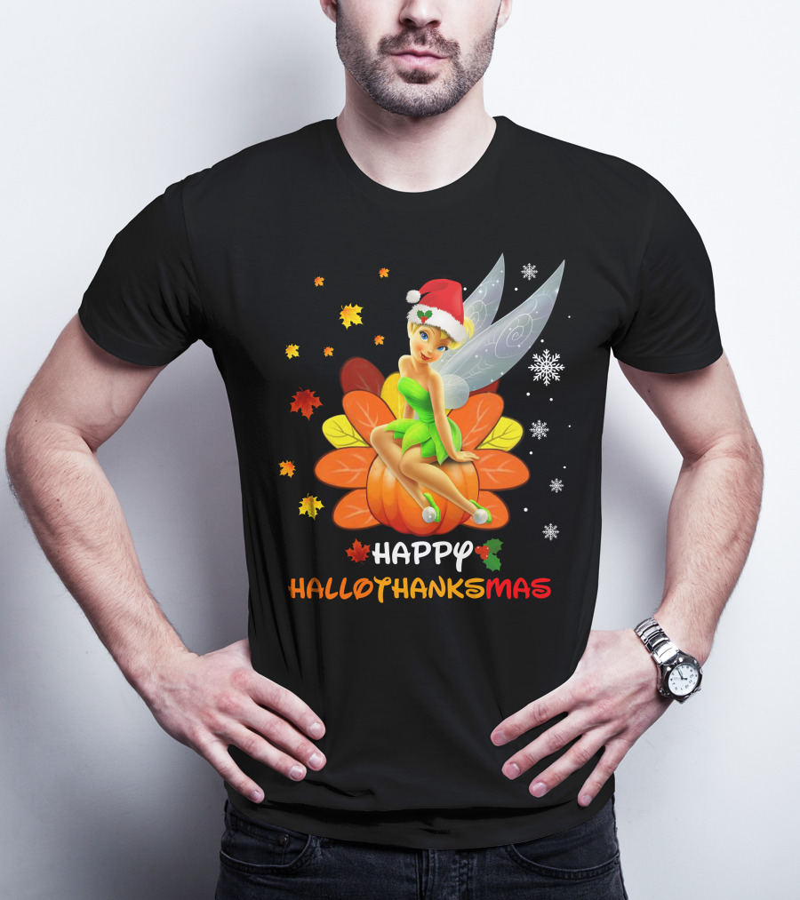 Tinkerbell Happy HalloThanksMas Pumpkin Santa Hat Snowflakes T-Shirt
